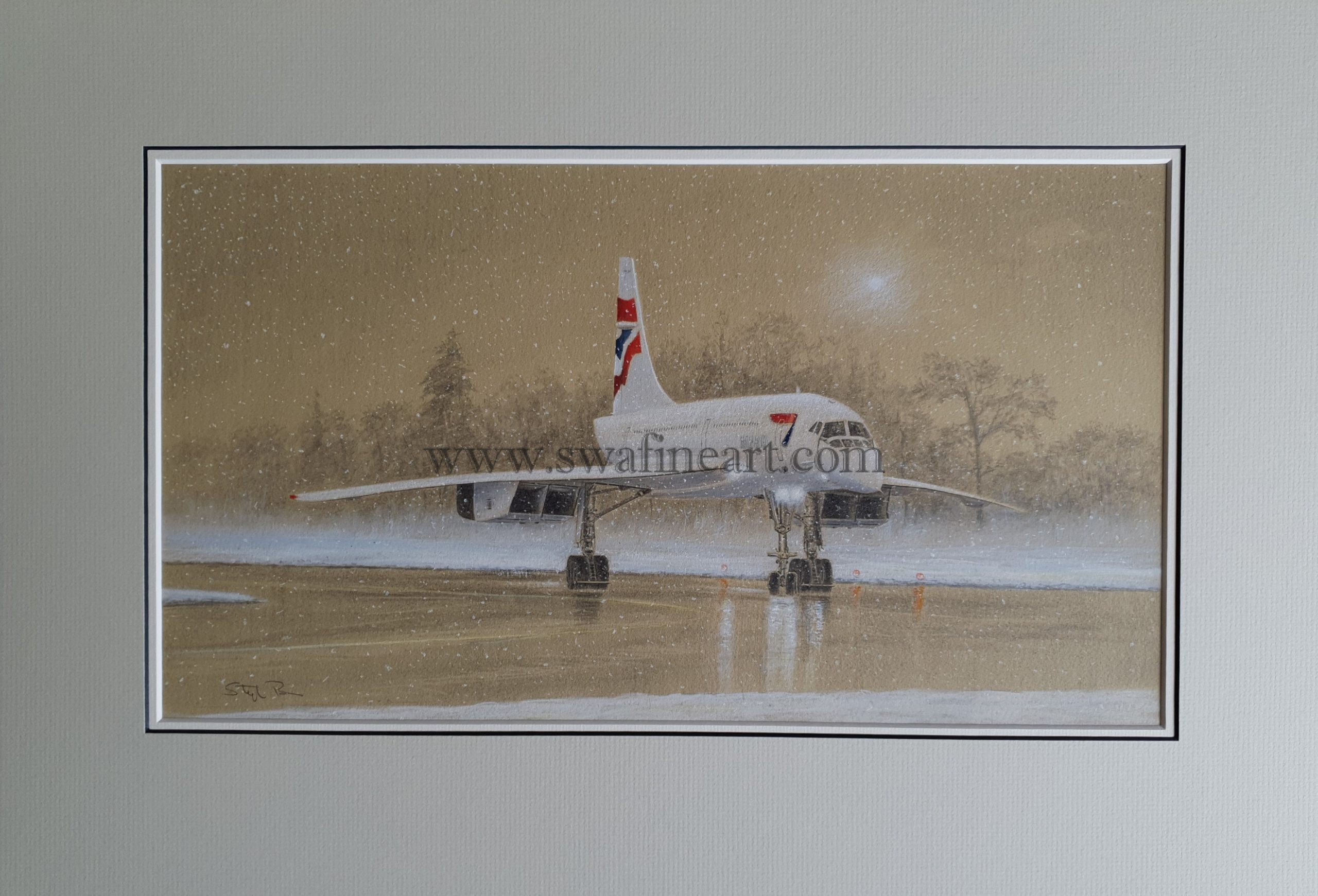 Concorde in the snow original pencil drawing by Stephen Brown.